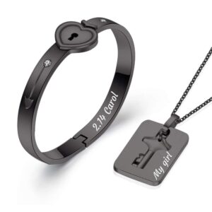 myneney personalized lock bracelet and key necklace set couples jewelry - inspirational message engraved his and hers stainless steel meaningful chain bracelet for women men (black)