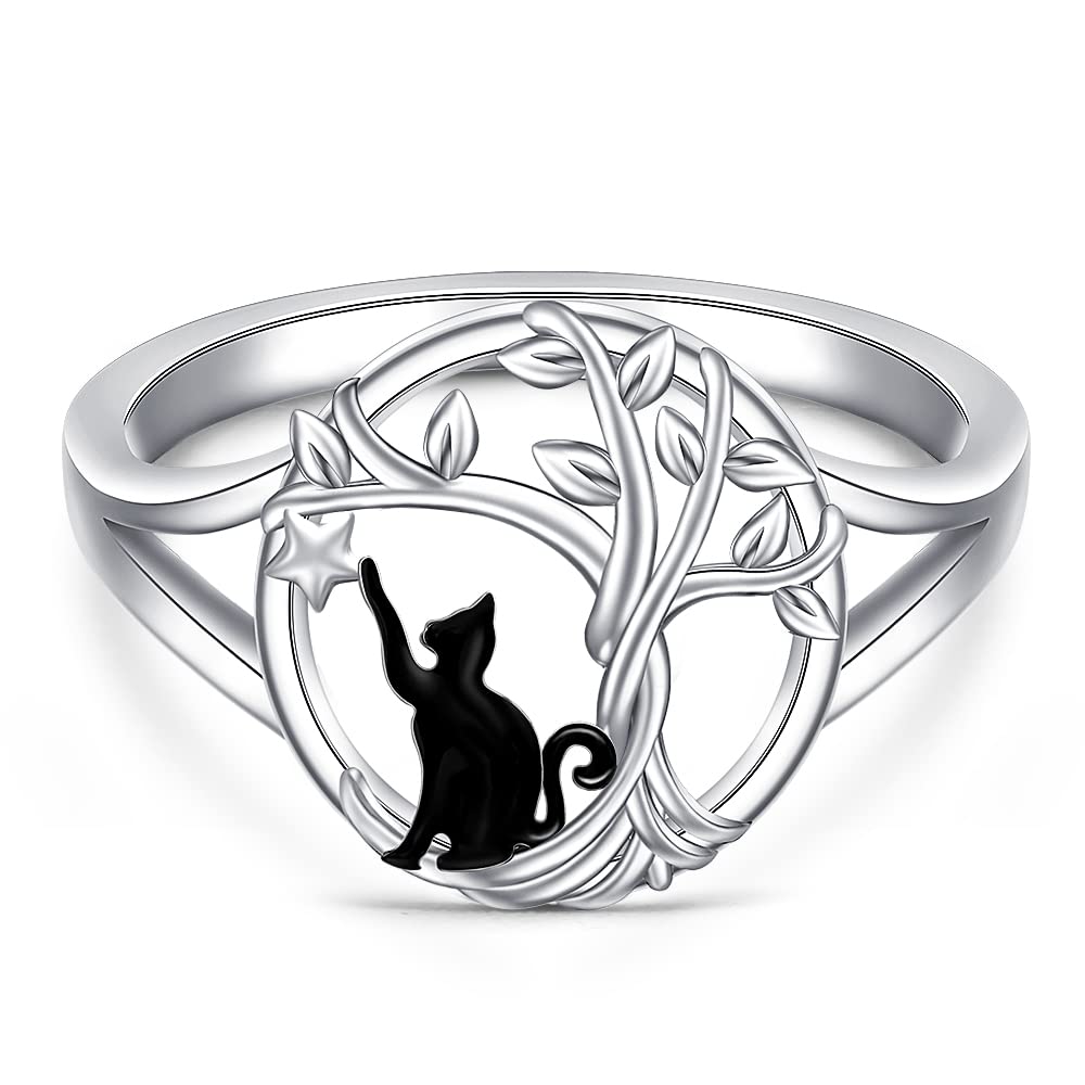 Cat Ring Black Cat Rings for Women Tree of Life 925 Sterling Silver Animal Birthday Gifts for Cats Owner Lovers Size 10