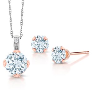 gem stone king 10k 2-tone gold sky blue aquamarine and diamond pendant earrings set for women (1.19 cttw, with 18 inch chain)