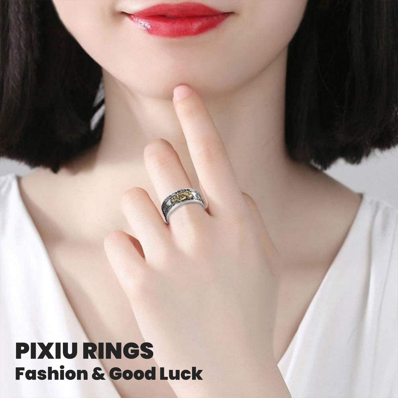 HETICA Feng Shui Pixiu Mantra Amulet Lucky Adjustable Ring Buddhist Good Luck Mantra Double Protection Wealth Love Health Ring Vintage Ring Jewelry Gift