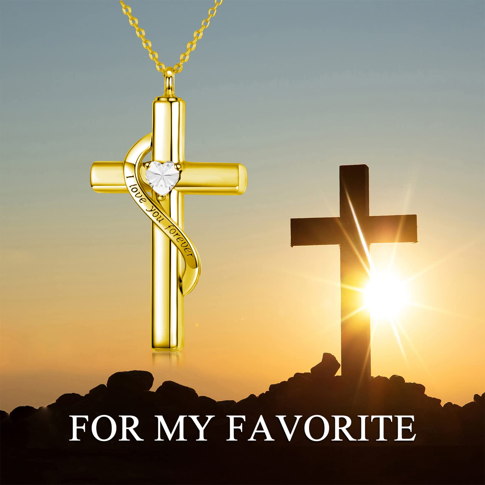 SOULMEET Crystal Cross Necklace for Ashes, Gold Plated Silver Birthstone April Cross Urn Necklace with 10K Gold Chain for Ashes Keepsake Cremation Jewelry for Pet Human Ashes