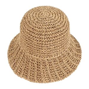 Minache Solid Color Crochet Straw Hat Foldable Wide Brim Outdoor Sun Visor Hat Bucket Hat for Women Girl, 07445 Khaki