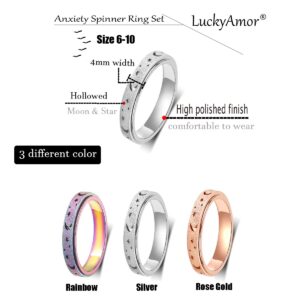 LuckyAmor Fidget Anxiety Ring for Women-3Pcs 4MM Rainbow Rose Gold Silver Moon Star Hollow Stainless Steel Spinner Rings for Anxiety Stress Relief Gift for Women party birthday