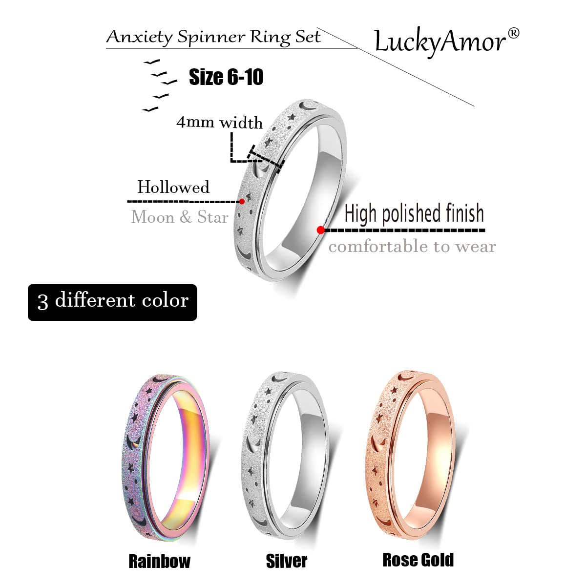 LuckyAmor Fidget Anxiety Ring for Women-3Pcs 4MM Rainbow Rose Gold Silver Moon Star Hollow Stainless Steel Spinner Rings for Anxiety Stress Relief Gift for Women party birthday