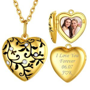 focalook heart locket necklace, custom necklaces for women personalized & engraved picture tree branch cubic zirconia locket with 18" chain