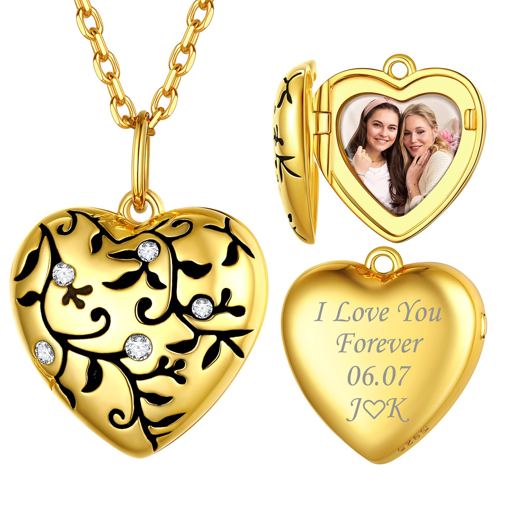 FOCALOOK Heart Locket Necklace, Custom Necklaces for Women Personalized & Engraved Picture Tree Branch Cubic Zirconia Locket with 18" Chain