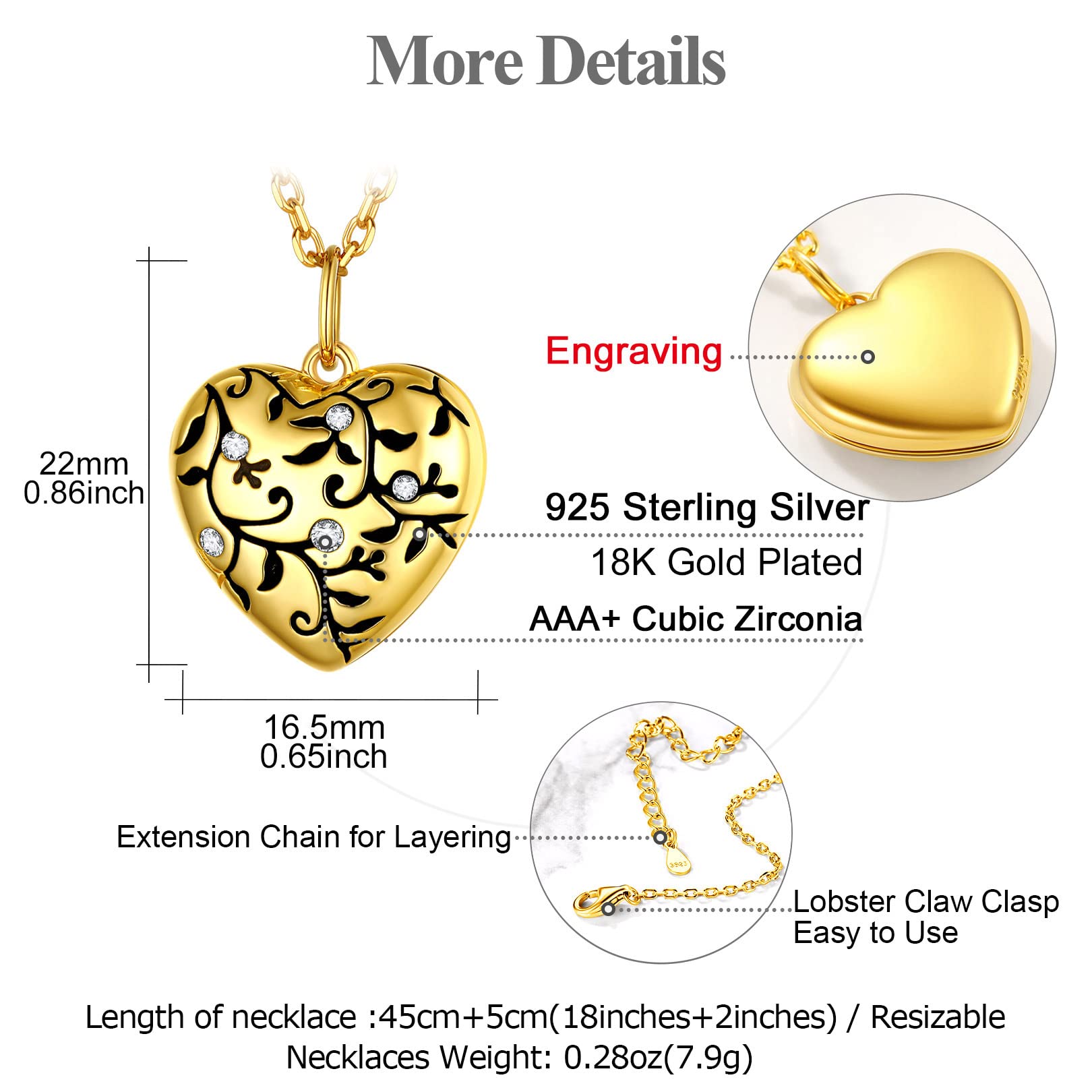 FOCALOOK Heart Locket Necklace, Custom Necklaces for Women Personalized & Engraved Picture Tree Branch Cubic Zirconia Locket with 18" Chain