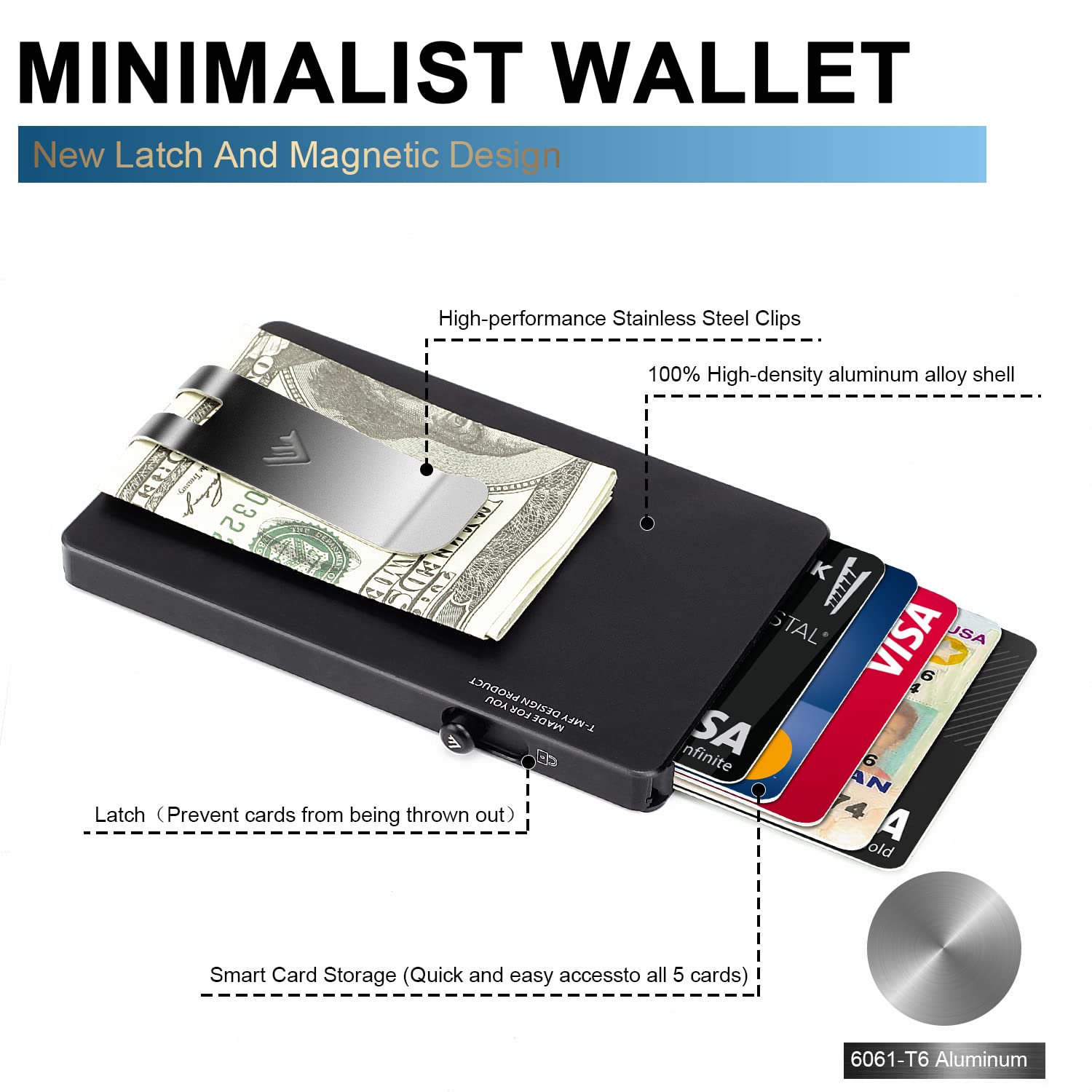 T-MFY Minimalist Magnetic Wallet for Men, Pop Up Credit Card Holder wallet with Money Clip, Aluminum Slim RFID Blocking Cash Magnet Phone Wallets