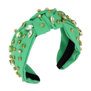 crystal velvet headband cross knotted turban headdress colorful rhinestone statement wide hair band hoop accessories for women girls (green)