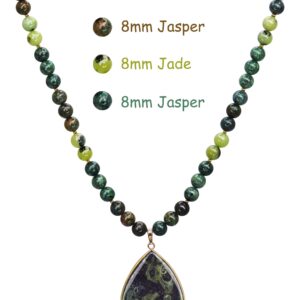 PEARLFECT Long Pendant Necklaces for Women/Men Trendy, 8MM Womens Beaded Jasper Necklaces,32 Inch Green Stone Bead BOHO Necklace Jewelry,Chunky Statement Necklace, Gemstone, Jasper