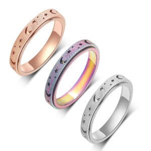 luckyamor fidget anxiety ring for women-3pcs 4mm rainbow rose gold silver moon star hollow stainless steel spinner rings for anxiety stress relief gift for women party birthday