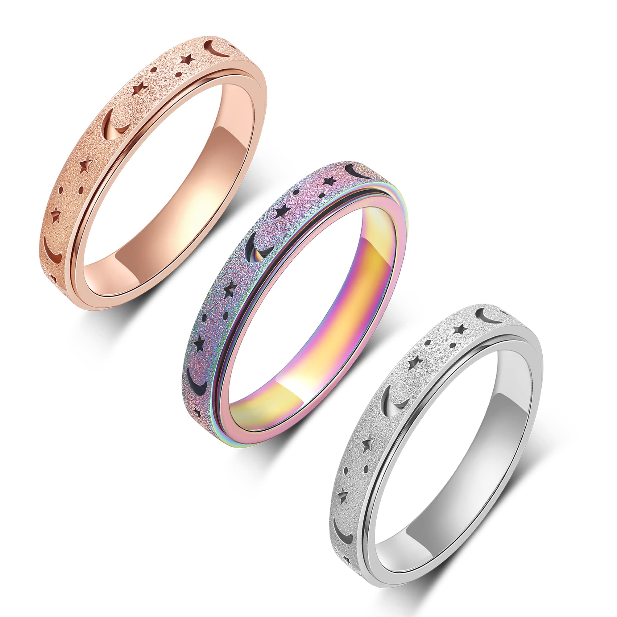 LuckyAmor Fidget Anxiety Ring for Women-3Pcs 4MM Rainbow Rose Gold Silver Moon Star Hollow Stainless Steel Spinner Rings for Anxiety Stress Relief Gift for Women party birthday