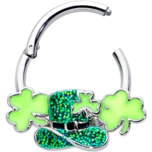 Body Candy 16G Steel Hinged Segment Ring Seamless Cartilage Nipple Ring Glitter Top Hat Shamrock Nose Hoop 3/8"