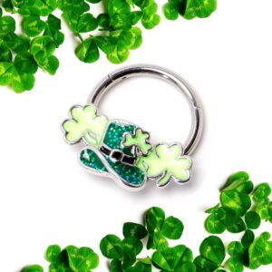 Body Candy 16G Steel Hinged Segment Ring Seamless Cartilage Nipple Ring Glitter Top Hat Shamrock Nose Hoop 3/8"