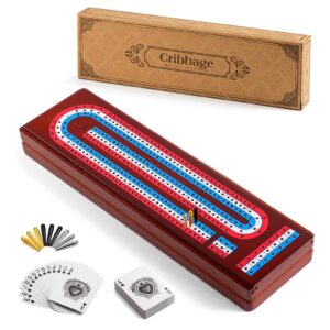 ceebyfa cribbage board game set with large storage area, solid wood 3 track cribbage board, 9 metal pegs, 2 playing cards and instruction. travel cribbage sets for all ages(vintage color).