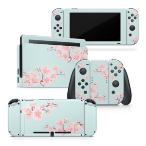 tacky design japanese cherry blossom skin compatible with nintendo switch skin, beige color skin compatible with nintendo switch skin, vinyl 3m sticker, full wrap cover (light blu)