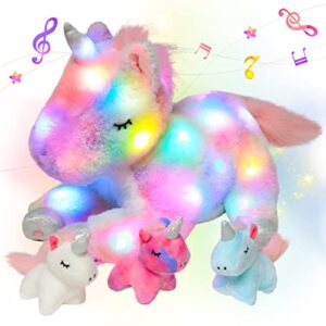 hopearl led musical stuffed unicorn playset lighting up singing plush toy mommy unicorn with 3 baby unicorns in her tummy lullaby animated soothe for mom toddlers girls, rainbow, 19''