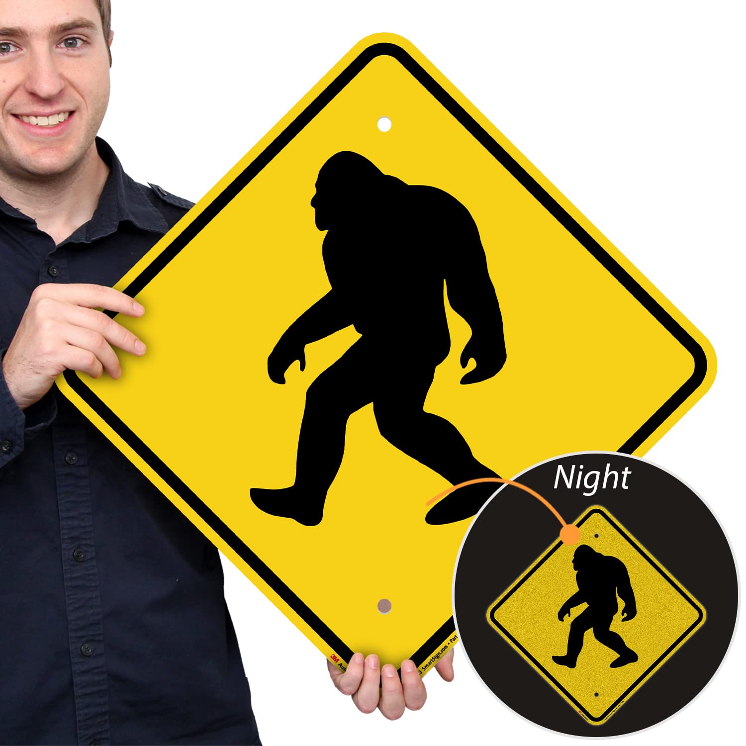 SmartSign 18 x 18 inch Sasquatch Bigfoot Crossing Metal Sign, 80 mil Aluminum, 3M Laminated Engineer Grade Reflective Material, Black and Yellow, Made in USA