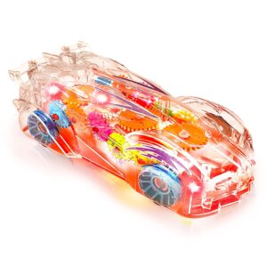 light up transparent gear racer toy car for kids, bump and go toy car with colorful moving gears, music, and led effects, fun educational toy for kids, great birthday gifts for kids 3 years and older