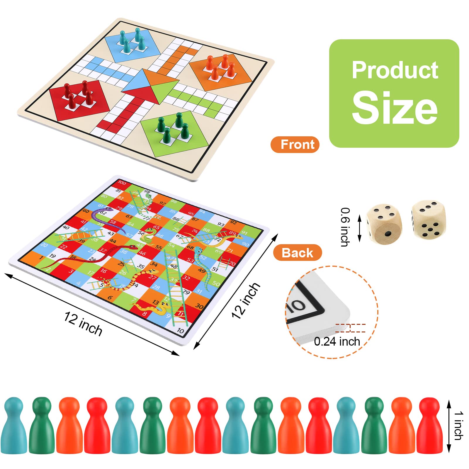 2 in 1 Snakes and Ladders, Ludo Game Set, 12 x 12 Inch Ludo Board Game 2-4 Players Family Dice Games Set Classic Double Sided Game Board for Adults and Teens, with 2 Wooden Dices and 16 Game Pieces