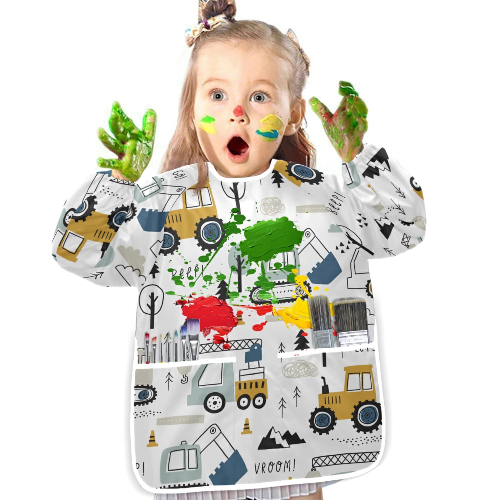 Bolaz Painting Smocks for Kids 2-4 Art Smocks Eating with Pockets Childish Truck Excavator Waterproof Long Sleeve Toddler Infant Children Apron