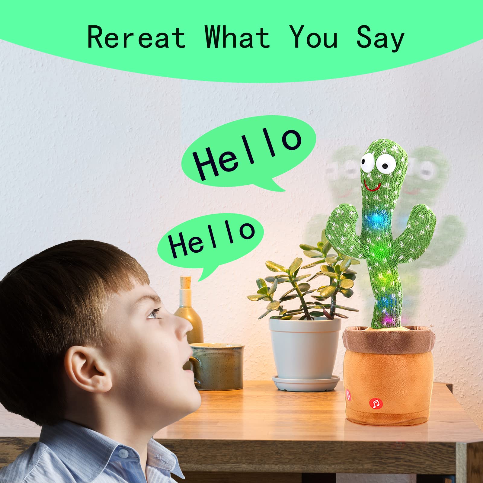 VAIZIQ Dancing Talking Cactus Toy, Talking Singing Mimicking Recording Repeating What You Say Sunny Cactus 120 English Songs Smart Toys for Baby Boys and Girls