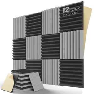 leiyer upgrade 12 pack sound proof foam panels with self-adhesive, 1" x 12" x 12" quick-recovery acoustic panels, acoustic foam wedges high density (12pcs,black-gray)