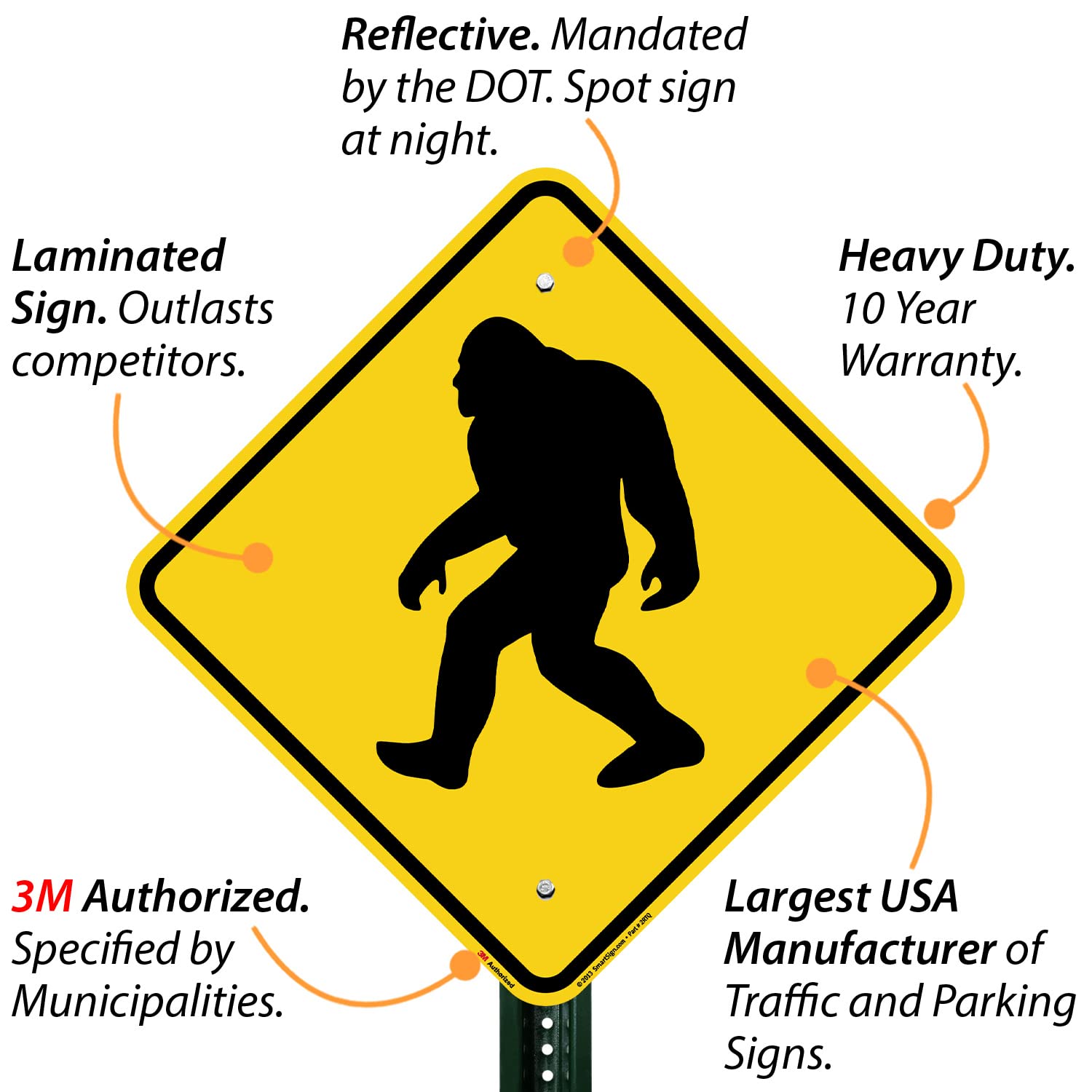 SmartSign 18 x 18 inch Sasquatch Bigfoot Crossing Metal Sign, 80 mil Aluminum, 3M Laminated Engineer Grade Reflective Material, Black and Yellow, Made in USA