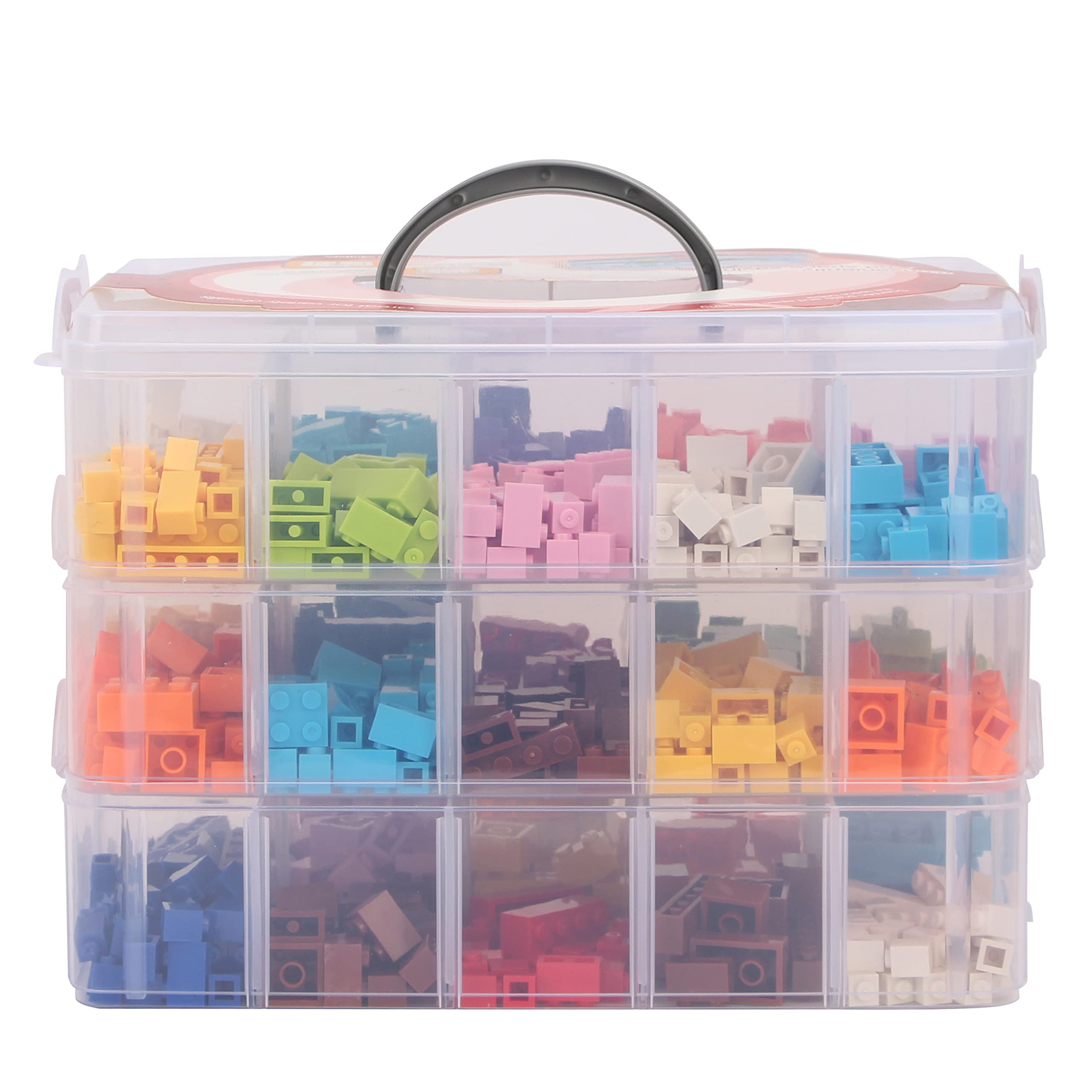 KISLANE 3-Tier Stackable Storage Box with 30 Compartments Compatible with Lego Bricks, Building Bricks, Plastic Storage Box for Building Bricks, Kids Toy and More (Transparent White)