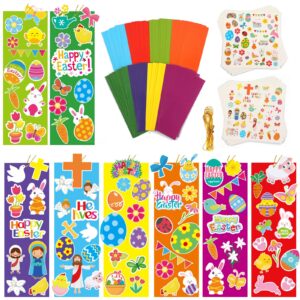 48pcs easter paper craft kids diy bookmarks art craft kit with easter egg bunny jesus cross stickers, easter home school classroom game activities party decoration gift favor