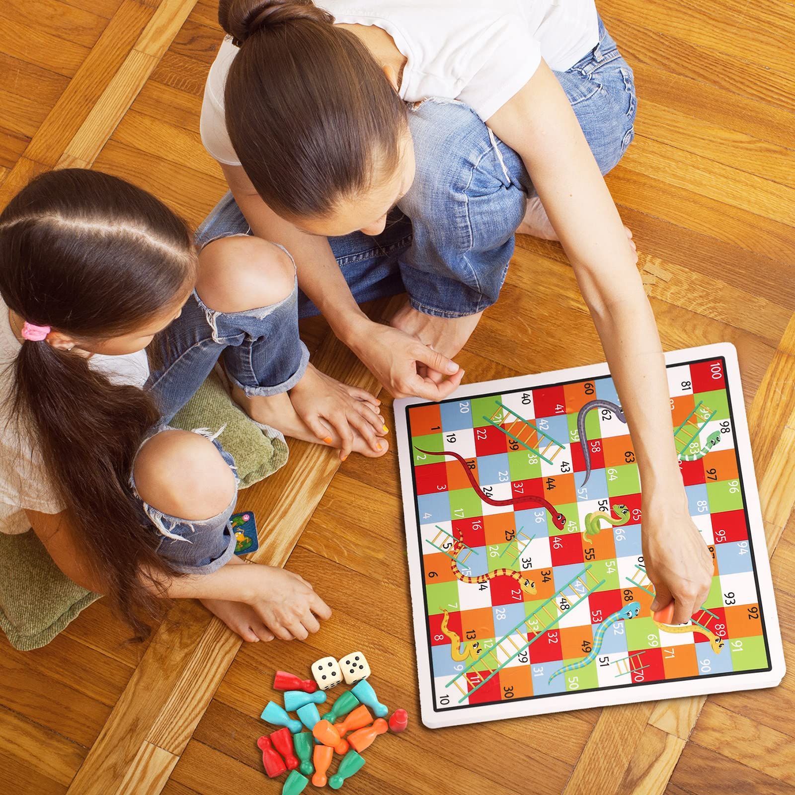 2 in 1 Snakes and Ladders, Ludo Game Set, 12 x 12 Inch Ludo Board Game 2-4 Players Family Dice Games Set Classic Double Sided Game Board for Adults and Teens, with 2 Wooden Dices and 16 Game Pieces