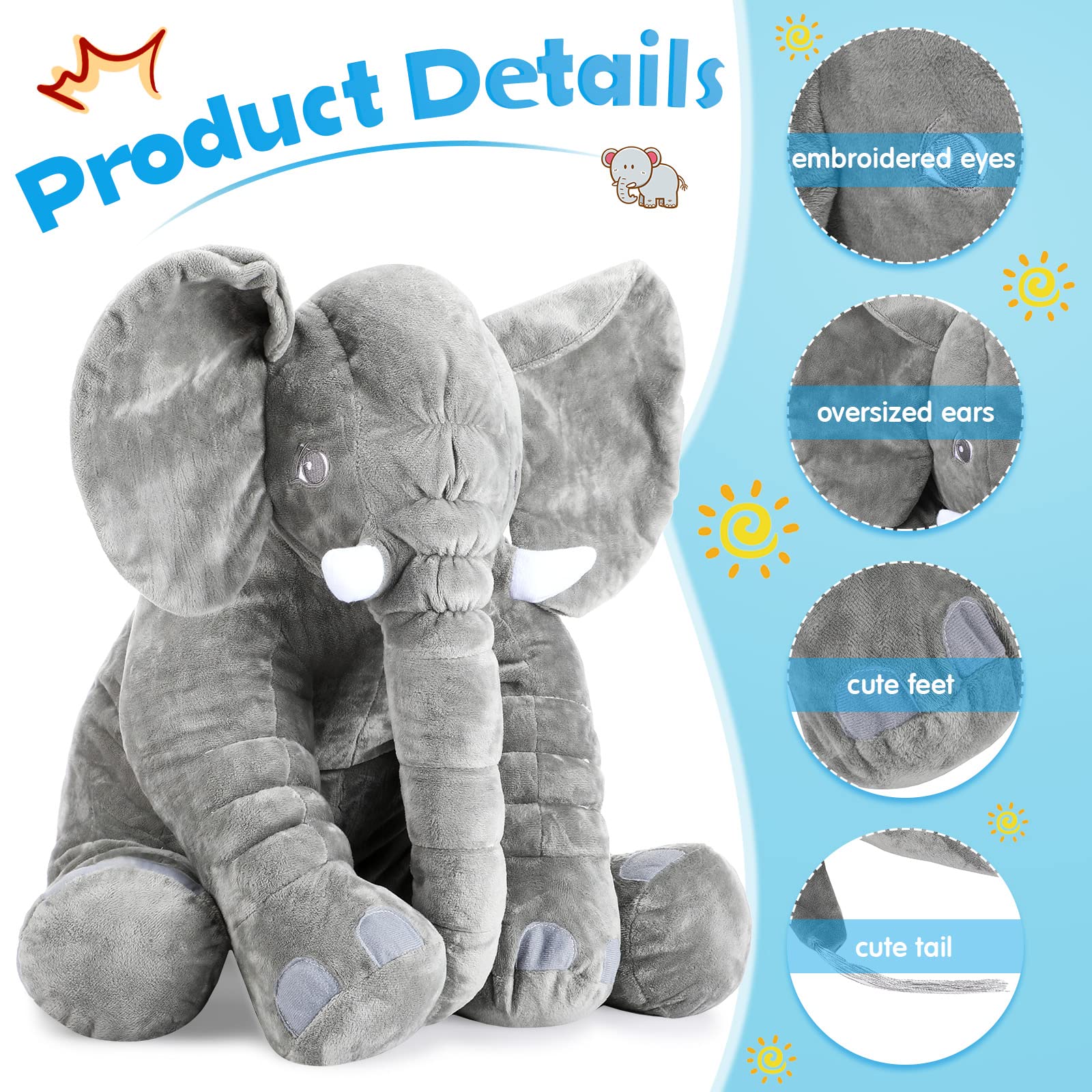 Yulejo Giant Stuffed Elephant Plush Animal Toy Back to School Party Favor Huge Stuffed Elephant Soft Elephant Large Stuffed Animal Doll Gray Elephant Plush for Kids Girlfriend Home Decor(23.6 Inch)