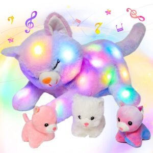 hopearl led musical stuffed cat lighting up singing plush toy playset mommy cat with 3 baby kittens in her tummy lullaby animated soothe for mom kids toddler girls, rainbow, 18''