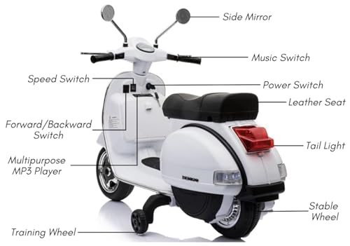 Best Ride On Cars Vespa Scooter, 12V Battery Powered Ride On Car - Electric Scooter for Kids with Leather Seat, Real Lights & Sounds, USB/AUX/SD Slot, Ages 2-5 Years Old, White, Large