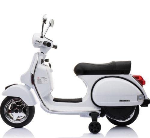 Best Ride On Cars Vespa Scooter, 12V Battery Powered Ride On Car - Electric Scooter for Kids with Leather Seat, Real Lights & Sounds, USB/AUX/SD Slot, Ages 2-5 Years Old, White, Large