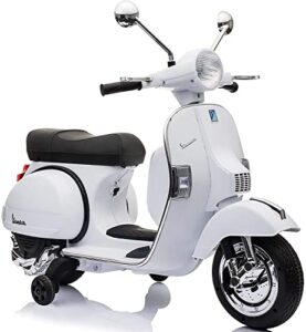 best ride on cars vespa scooter, 12v battery powered ride on car - electric scooter for kids with leather seat, real lights & sounds, usb/aux/sd slot, ages 2-5 years old, white, large