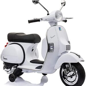 Best Ride On Cars Vespa Scooter, 12V Battery Powered Ride On Car - Electric Scooter for Kids with Leather Seat, Real Lights & Sounds, USB/AUX/SD Slot, Ages 2-5 Years Old, White, Large