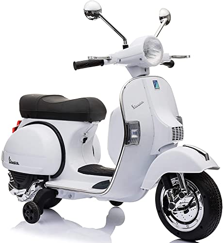 Best Ride On Cars Vespa Scooter, 12V Battery Powered Ride On Car - Electric Scooter for Kids with Leather Seat, Real Lights & Sounds, USB/AUX/SD Slot, Ages 2-5 Years Old, White, Large