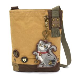 chala women handbag patch crossbody - gray tabby cat - brown