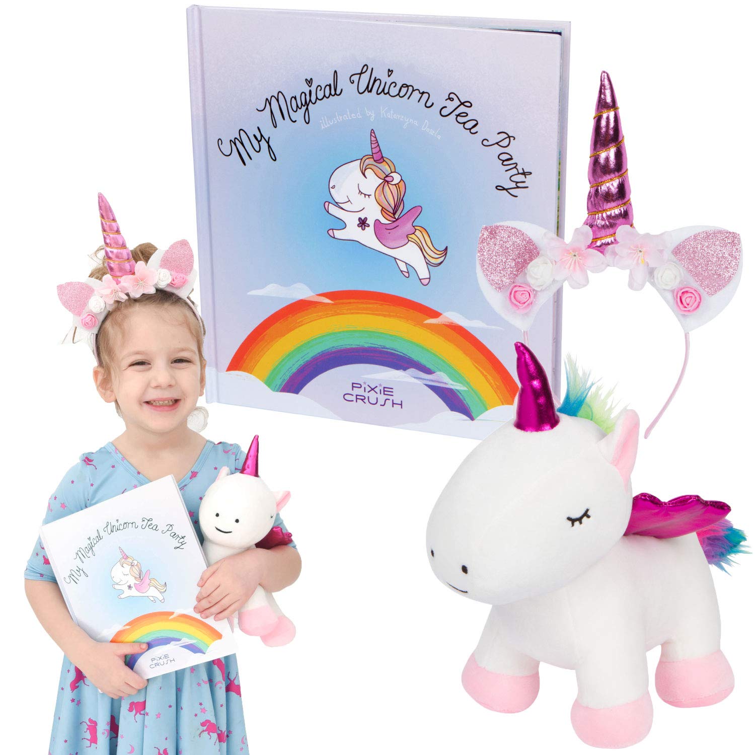 PixieCrush Unicorn Toys Stuffed Animal Gift Plush Set with Rainbow Case – 5 Piece Stuffed Animals with 2 Unicorns, Kitty, Puppy, and Narwhal – Toddler Gifts for Girls Aged 3, 4, 5,6,7, 8 yr olds