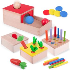 montessori toys for 1 year old, 4 in 1 wooden toys for baby boy girl, object permanence box, color&shape sorting learning matching game, carrot harvest, preschool educational gifts for toddlers