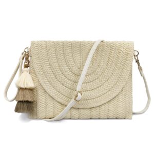 aovtero straw clutch purse women crossbody bag summer beach shoulder bags envelope wallet handbags (beige)