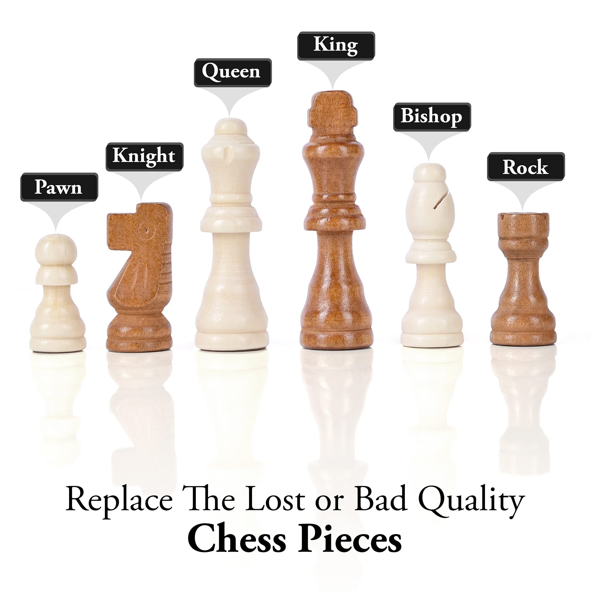 Wooden Chess Pieces Only – 32 Pieces Staunton Style Handcrafted Wood Chessmen with 2 Pouch Bags for Ease of Storage – 3” King – Gift Packaging – Luxurious Felt Bottom – Replacing Missing Chess Pieces!