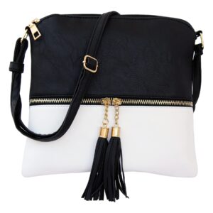 women crossbody bag with tassel for womens ladies, shoulder bag handbag cross body bag bolsa feminina purses hand bag (tassel bag black and white)