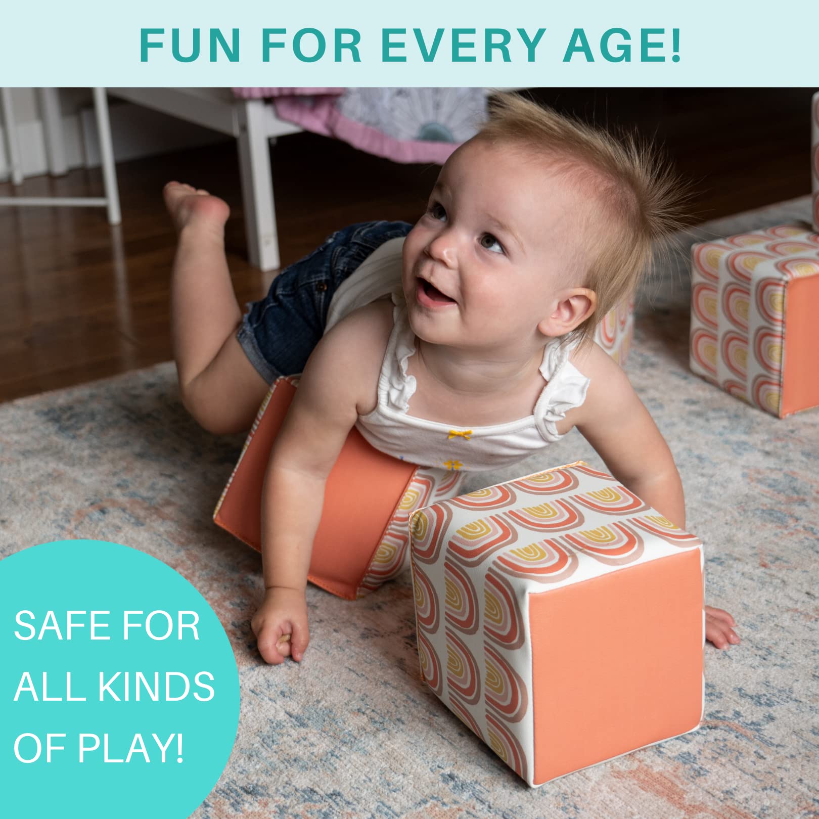 JumpOff Jo – Soft Foam Block Playset – Set of 12 Baby & Toddler Building Blocks 6"x6", Vegan Leather, Soft Play Stacking Toys for Babies & Toddlers – Boho Rainbow