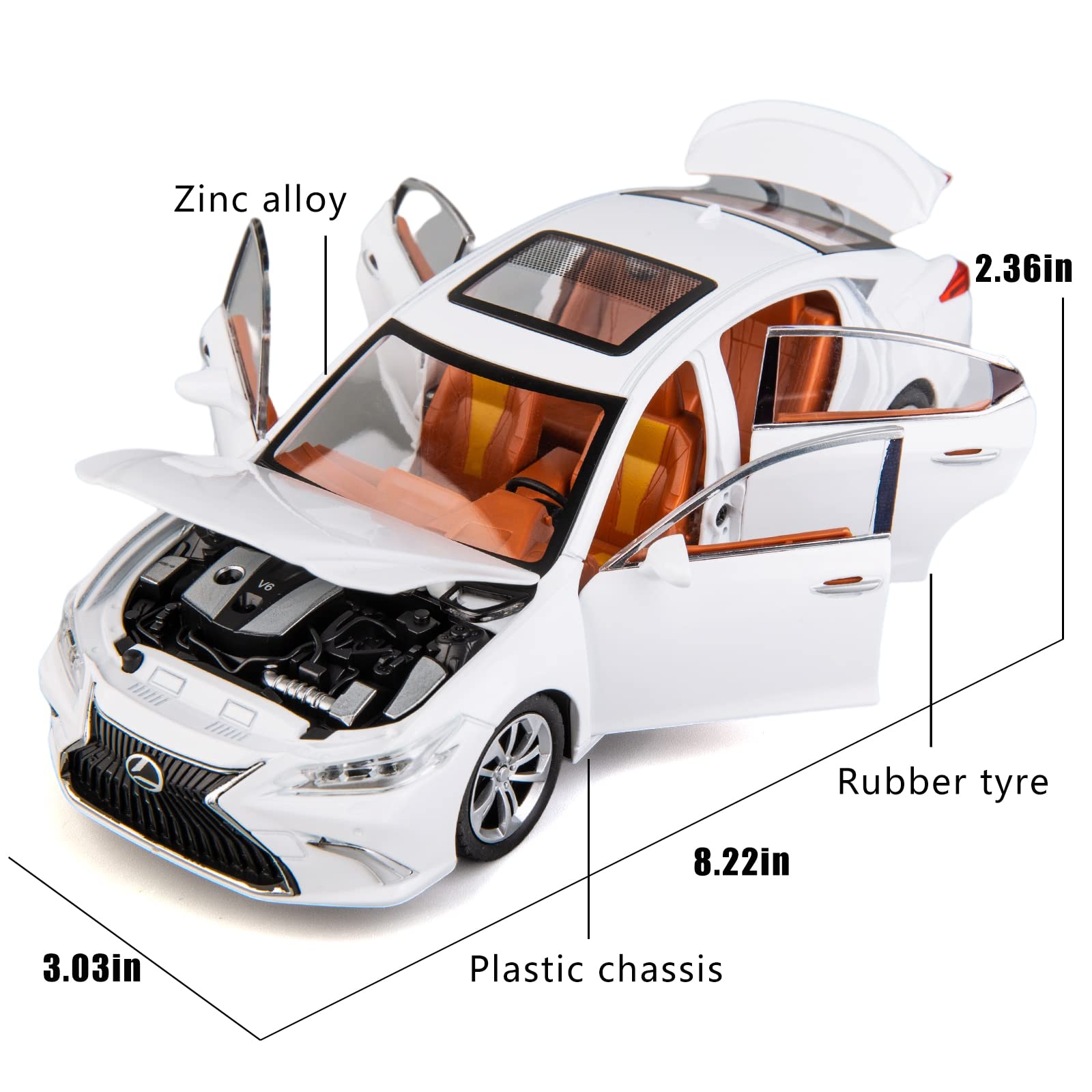 WAKAKAC Model Car 1/24 Lexus ES300 Alloy Diecast Collectible Toy Car with Light and Sound Toy Vehicle Door Can Be Opened for Boys Kids Toddler Gift White Car