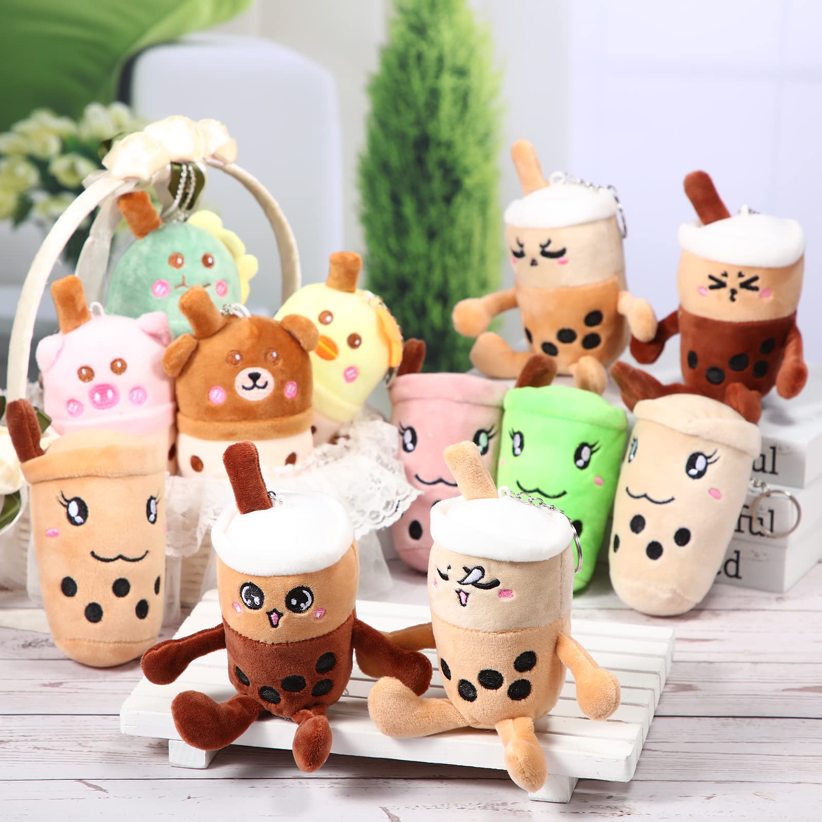 12 Pack 5 Inch Boba Tea Plush Pillow Bubble Tea Plush Cup Shaped Pillows Boba Bubble Tea Keychain Mini Boba Stuffed Animal Small for Wallet Backpack Purse, Bubble Lovers Birthday Party Favors (Cute)