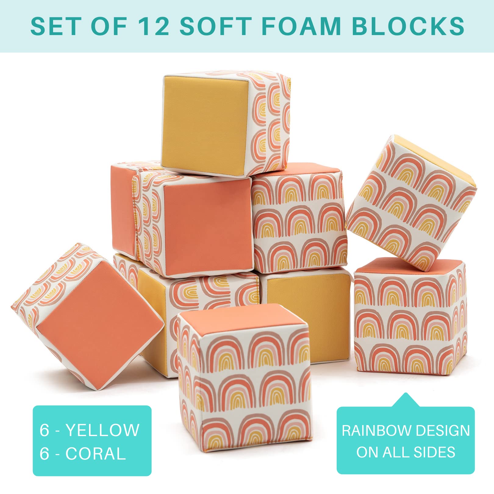 JumpOff Jo – Soft Foam Block Playset – Set of 12 Baby & Toddler Building Blocks 6"x6", Vegan Leather, Soft Play Stacking Toys for Babies & Toddlers – Boho Rainbow