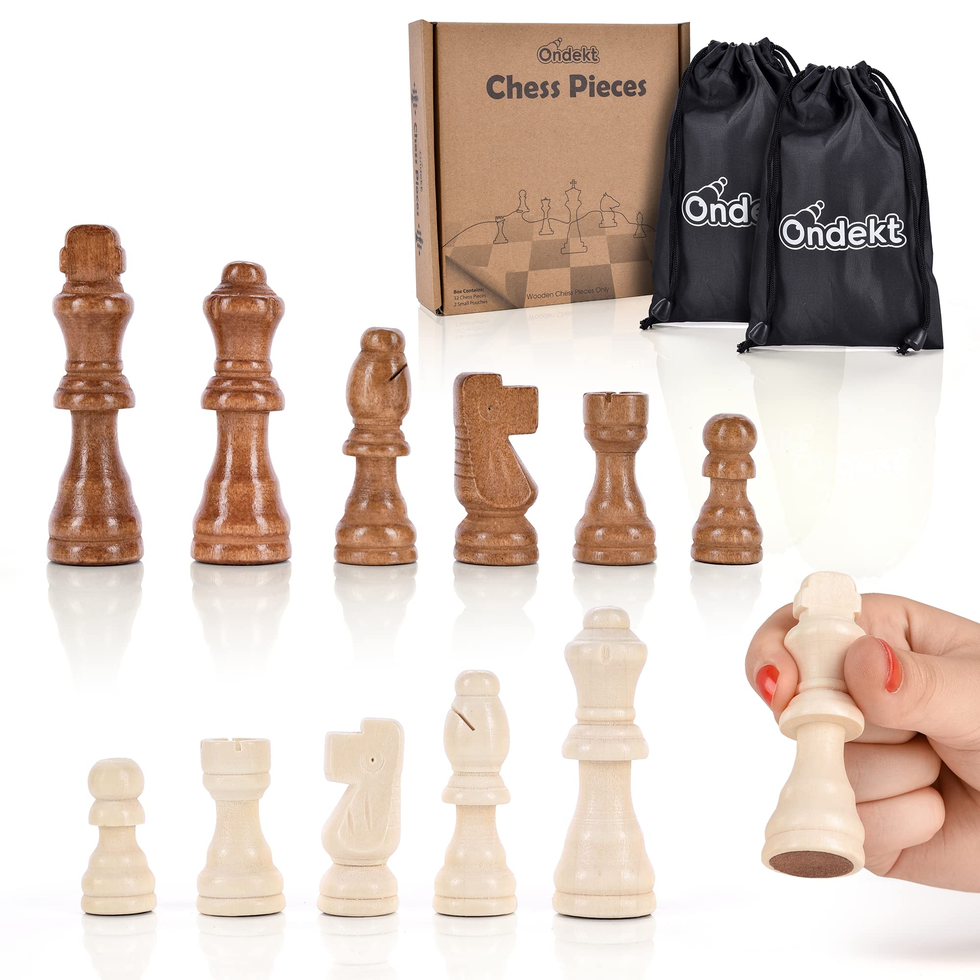 Wooden Chess Pieces Only – 32 Pieces Staunton Style Handcrafted Wood Chessmen with 2 Pouch Bags for Ease of Storage – 3” King – Gift Packaging – Luxurious Felt Bottom – Replacing Missing Chess Pieces!