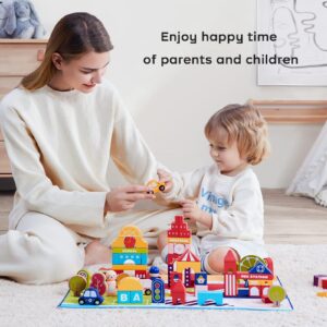 bc babycare 128 Pcs Wooden Building Blocks for Toddlers 1-3, Educational Wooden Toys with Block City,Preschool Learning Toys Wooden Building Blocks Set Educational Toys for Kids